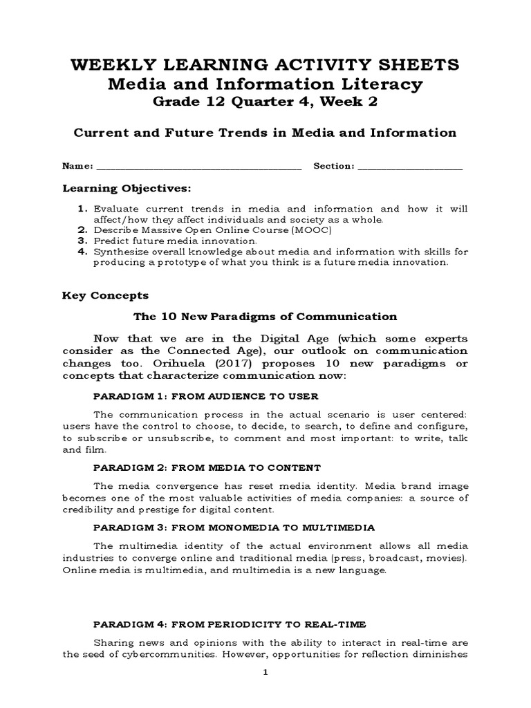 Weekly Learning Activity Sheets Media and Information Literacy | PDF | Wearable Technology ...