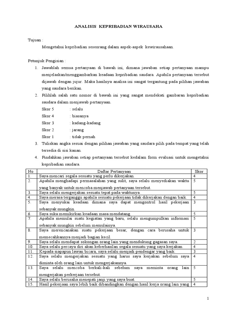 Analisis Kepribadian Wirausaha Print | PDF | Pengembangan Diri