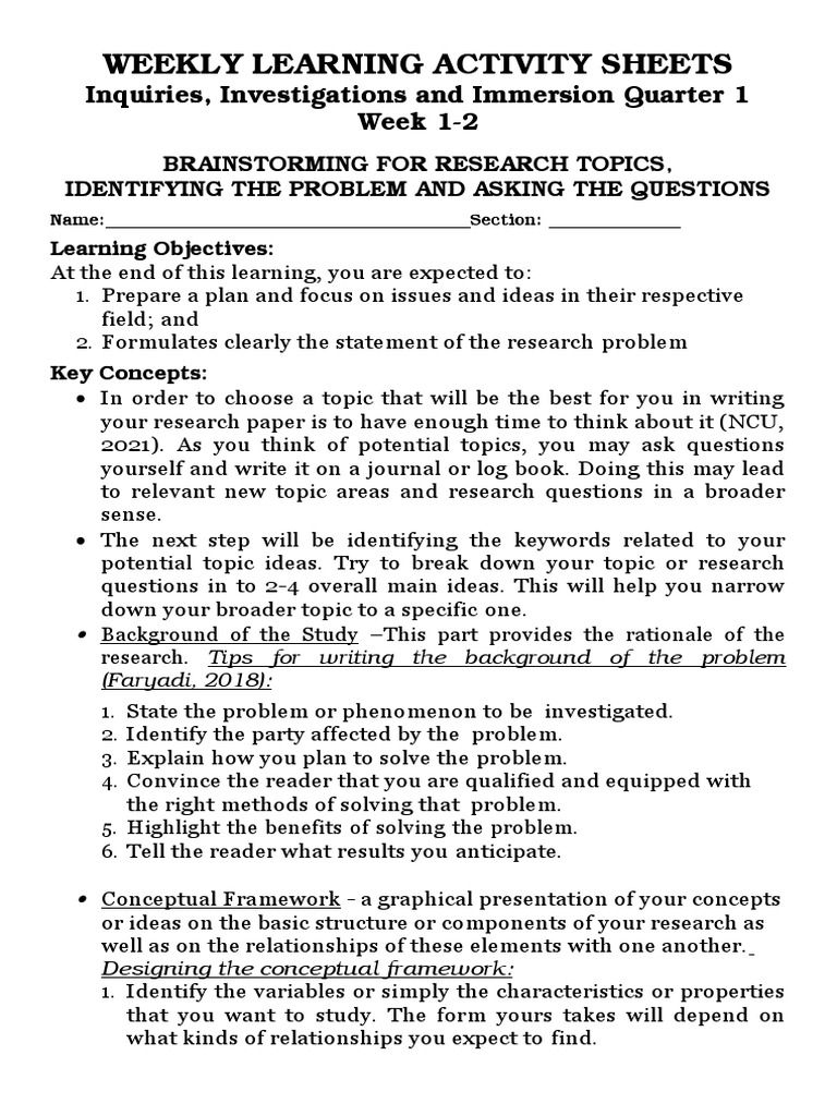 Weekly Learning Activity Sheets: Inquiries, Investigations and ...
