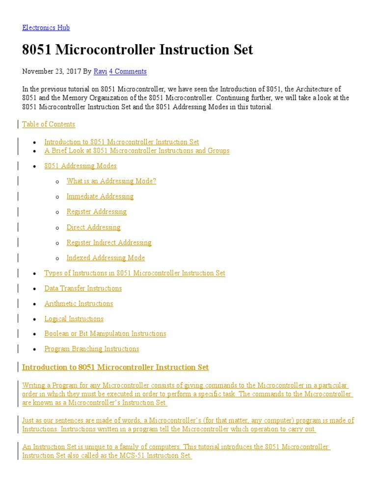 8051 Microcontroller Instruction Set: Electronics Hub | PDF ...
