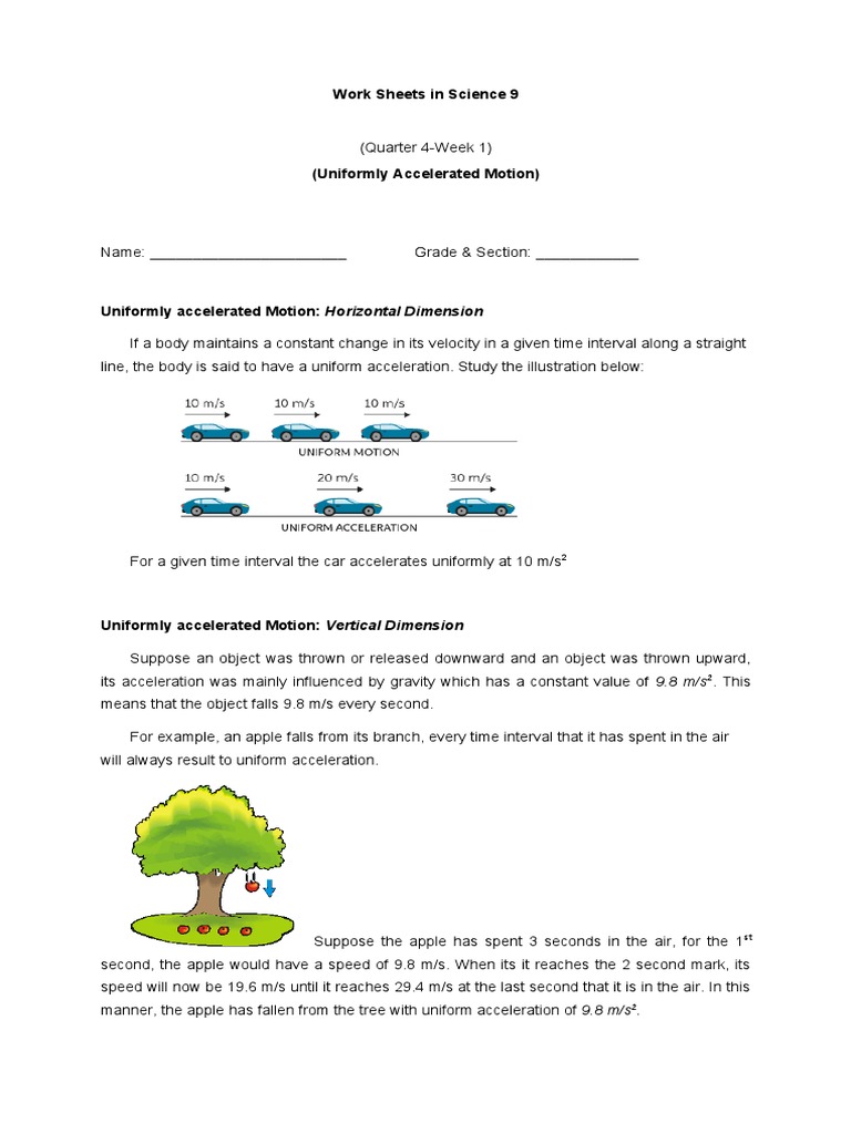 Work Sheets in Science 9 Q4 WEEK 1 and 2 | PDF | Acceleration ...