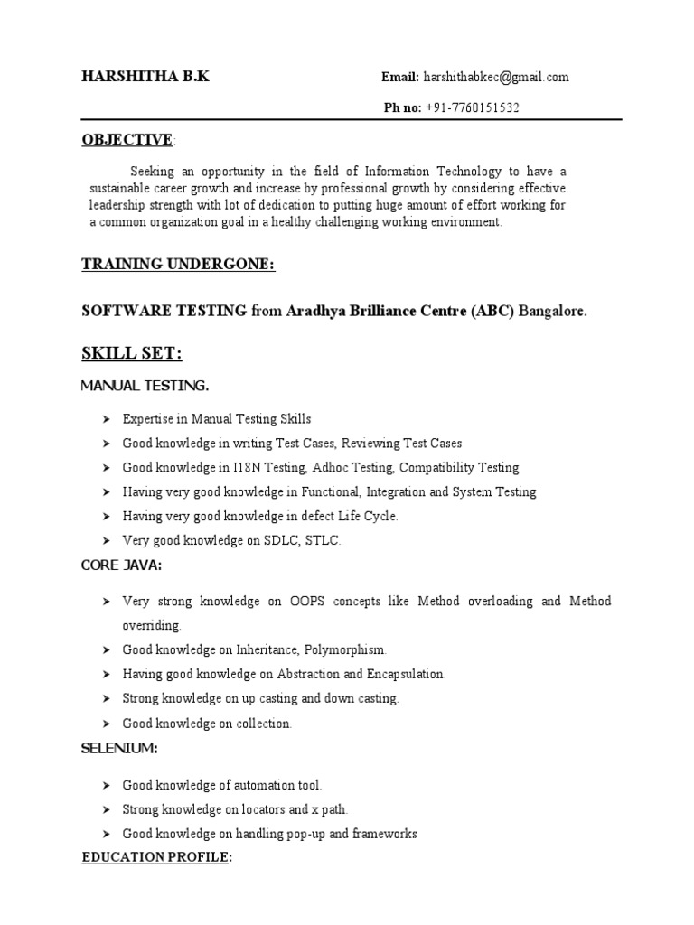 Resume of Harshitha B.K. Seeking an Opportunity in Information Technology with Experience in ...