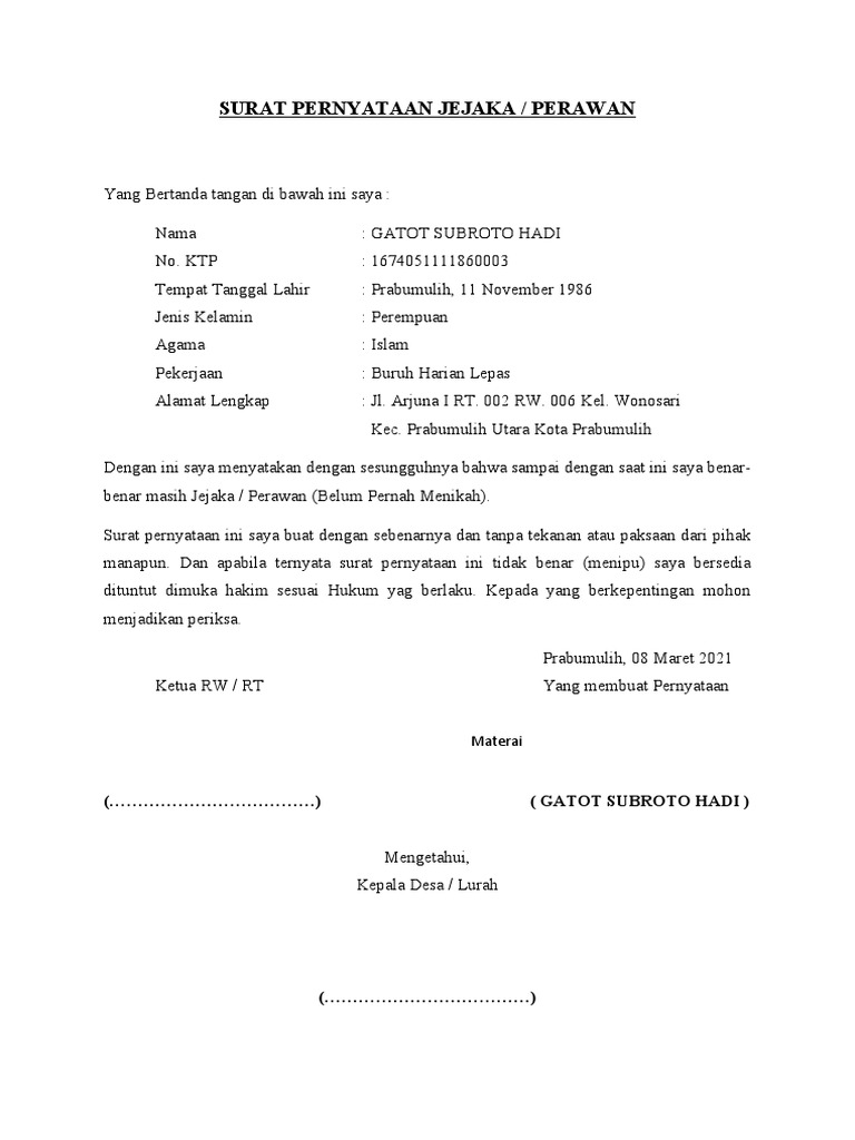 Surat Pernyataan Jejaka | PDF