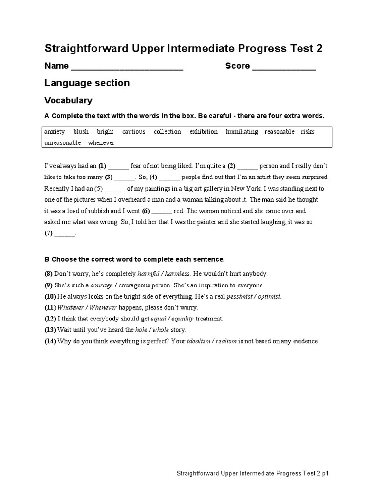 Straightforward Upper Intermediate Progress Test 2: Language Section | PDF