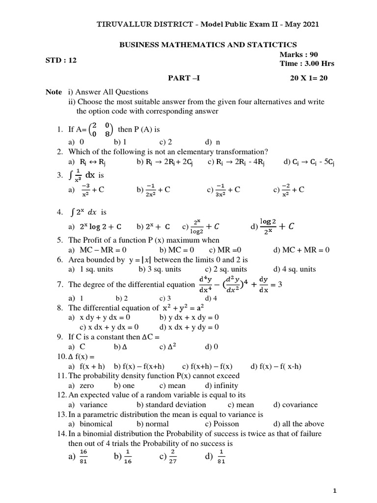 TIRUVALLUR DISTRICT - Model Public Exam II - May 2021: A) B) C) D ...