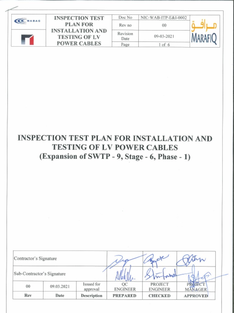 ITP &checklist For Installation and Testing of LV Cables | PDF ...