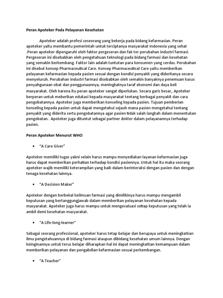 Peran Apoteker Pada Pelayanan Kesehatan Di Apotek Pdf
