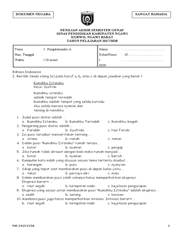 Soal PAS K13 Tema 5 A Kls 2 | PDF
