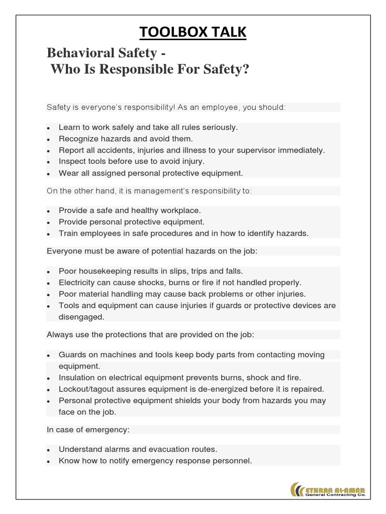 Toolbox Talk: Behavioral Safety - Who Is Responsible For Safety? | PDF