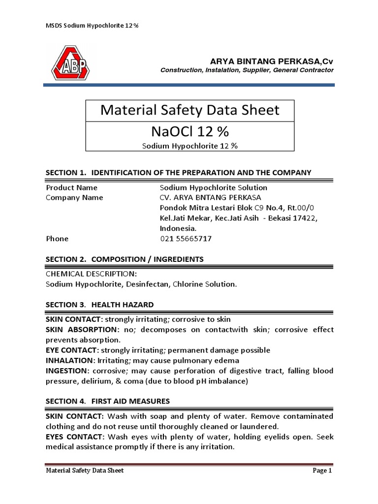 MSDS NaOCl 12% F | PDF | Chlorine | Materials