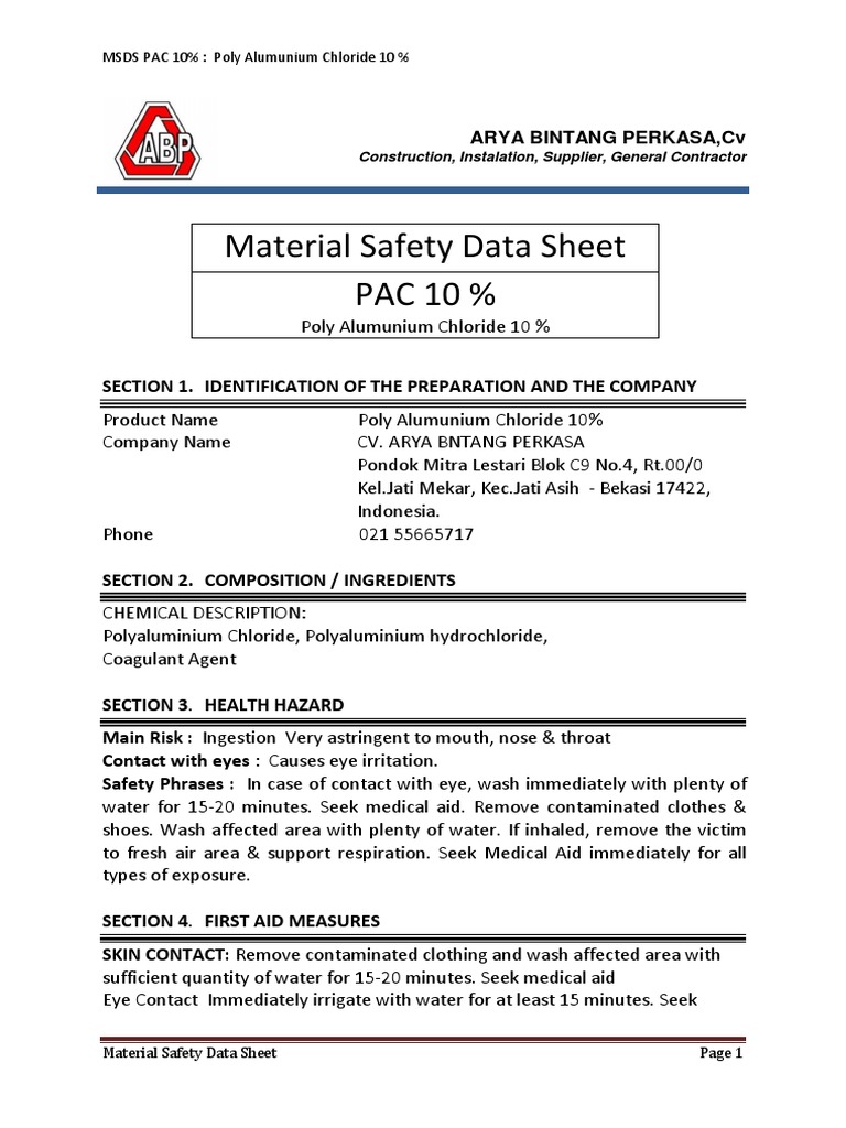 MSDS Pac 10% F | PDF | Solubility | Aluminium