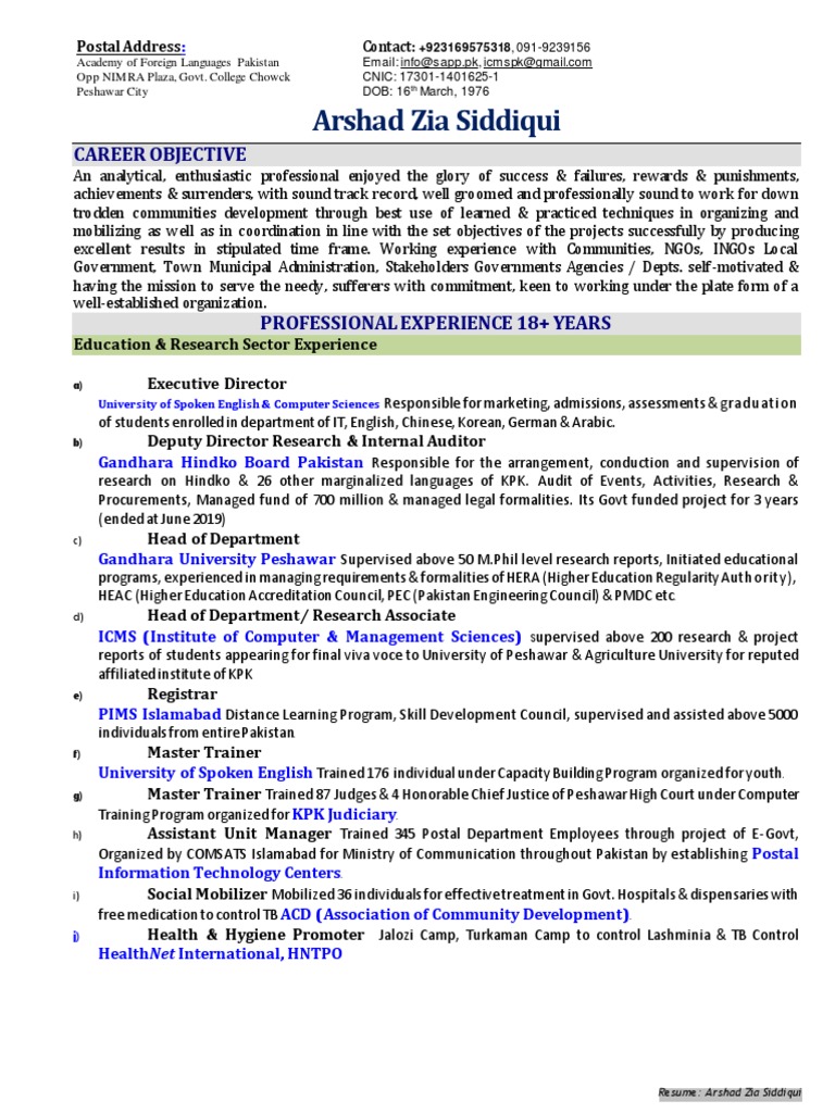 Arshad Zia Siddiqui Latest CV Format 2021 | PDF | Pakistan | Computing