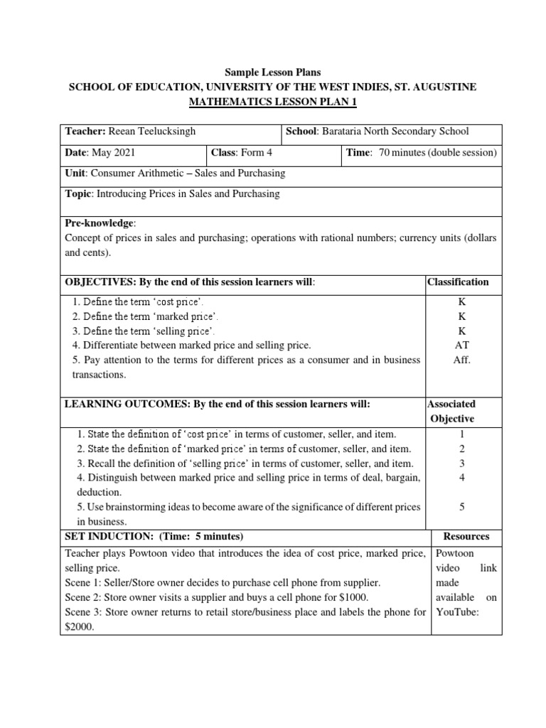 B 2b Sample Lesson Plans | PDF | Prices | Percentage