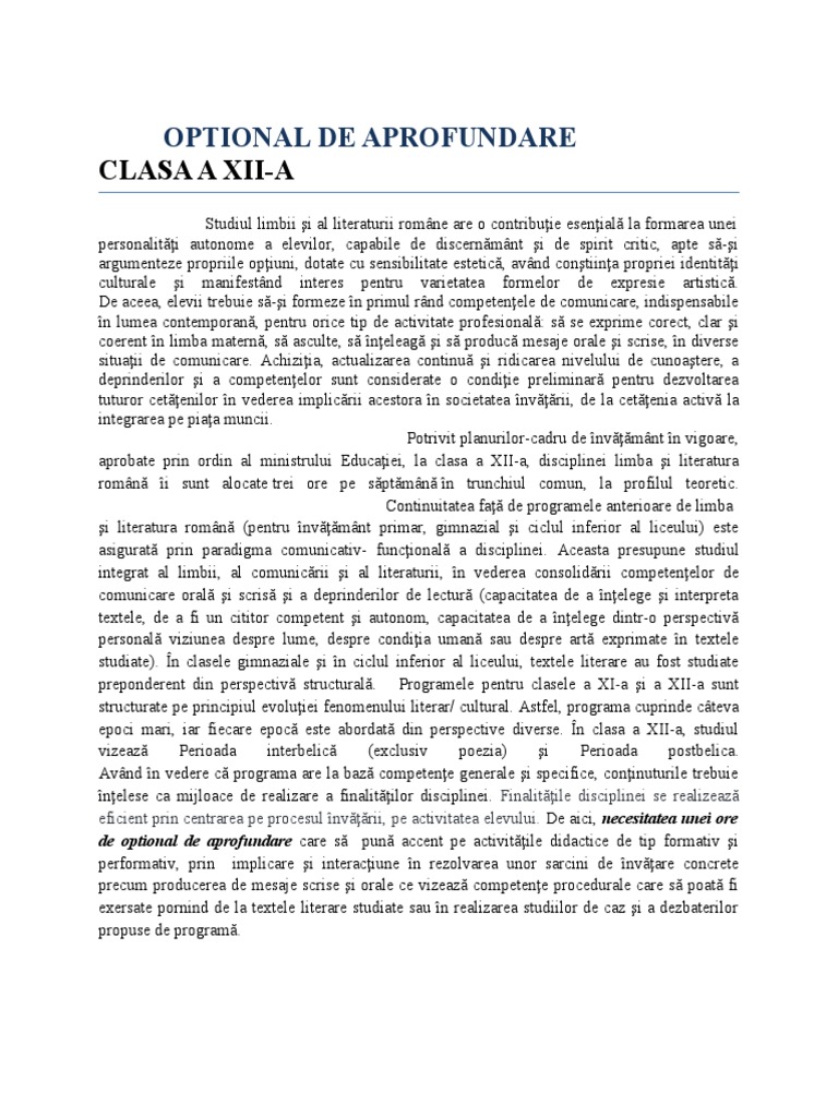OPTIONAL APROFUNDARE A XII-a | PDF