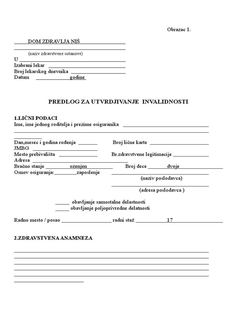 Obrazac 1 - Predlog Za Utvrdjivanje Invalidnosti | PDF