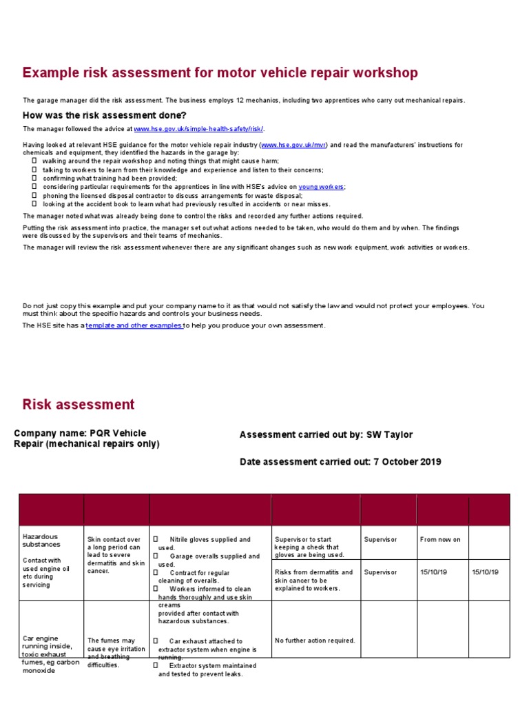 Risk Assessment for a Motor Vehicle Repair Workshop | PDF | Risk ...