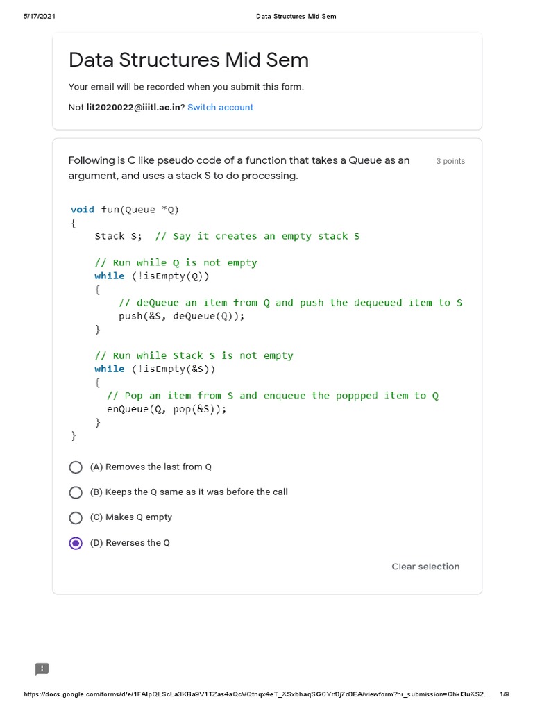Data Structures Mid Sem Exam Questions | PDF | Queue (Abstract Data ...