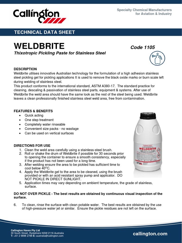 Weldbrite Pickling Paste Technical Data Sheet | PDF | Stainless Steel ...