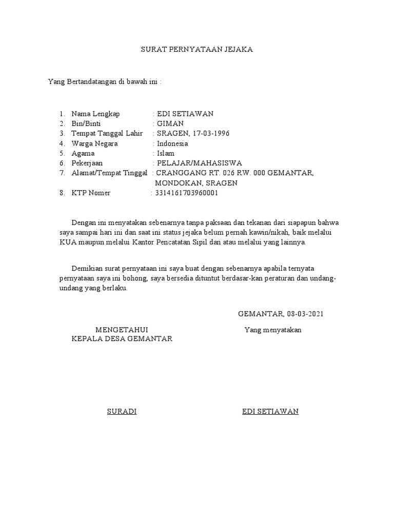 SURAT PERNYATAAN JEJAKA - Docx EDI SETIAWAN | PDF