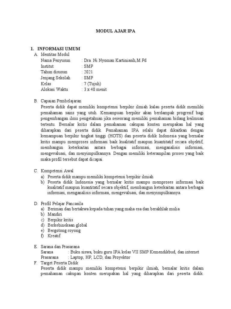 Modul Ajar IPA Kelas 7 Kurikulum Merdeka | PDF