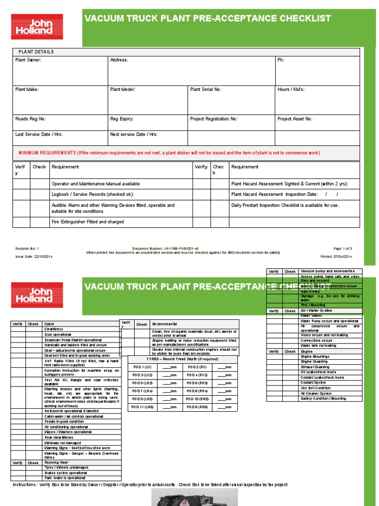 Vacuum Truck Plant Pre-Acceptance Checklist | PDF | Engines | Tire
