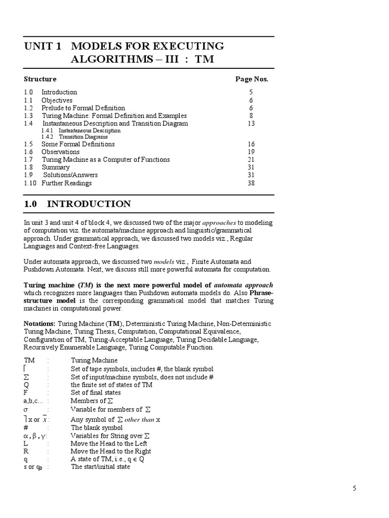 Unit 1 Models For Executing Algorithms Iii Tm Structure Nos Pdf Theoretical Computer