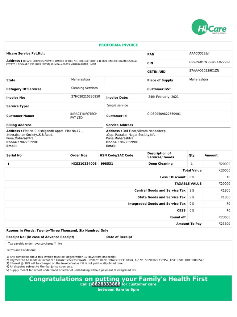 Congratulations On Putting Your Family's Health First: Proforma Invoice ...