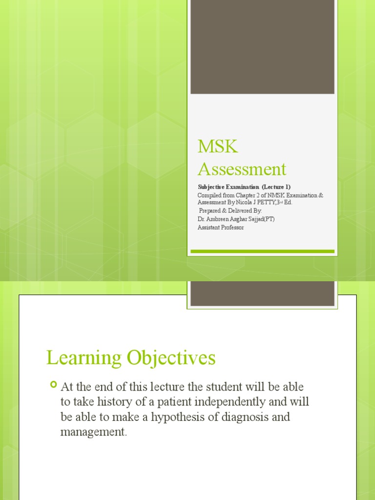 MSK Assessment: Subjective Examination (Lecture 1) | PDF | Symptom | Pain