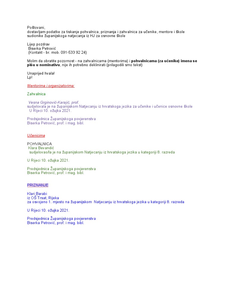 Zahvalnice Dopis | PDF
