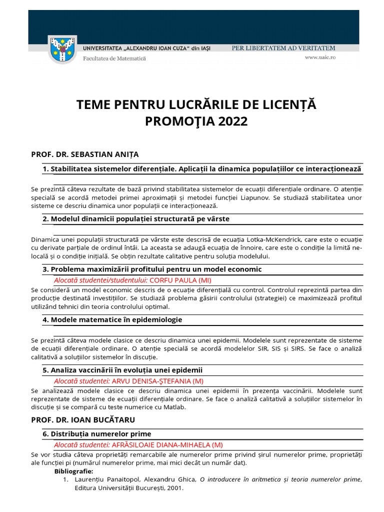Teme Licenta Promotia 2022 - Update10mar | PDF