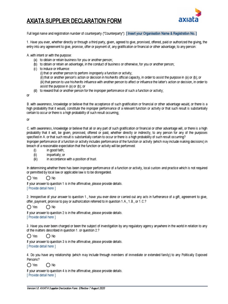 Annex 5 Axiata Supplier Declaration Form | PDF | Money | Business