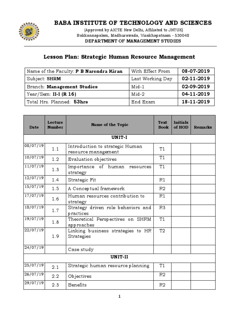 Baba Institute of Technology and Sciences: Lesson Plan: Strategic Human ...