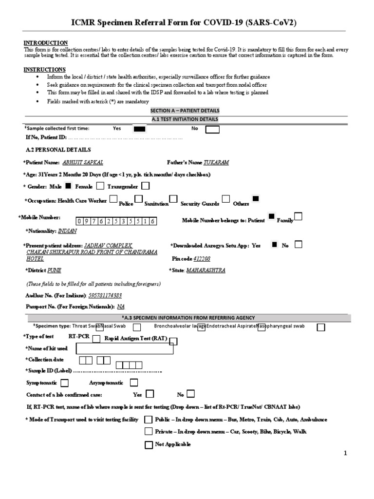 ICMR COVID-19 Sample Referral Form | PDF | Diseases And Disorders ...