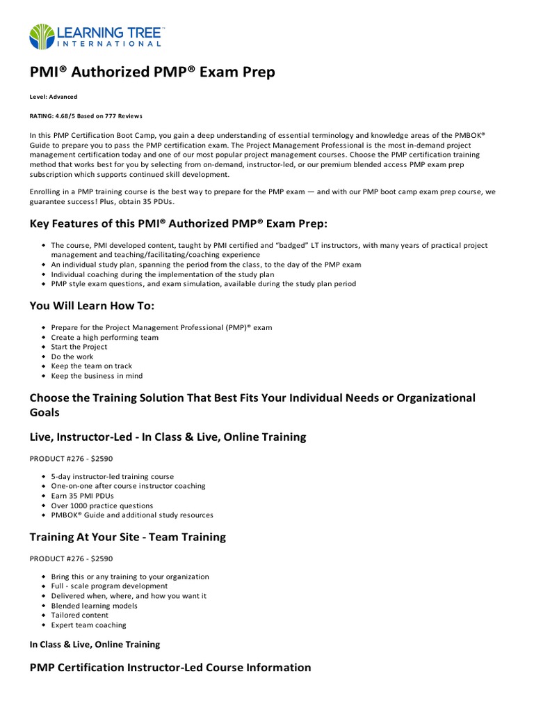 PMI® Authorized PMP® Exam Prep: in Class & Live, Online Training | PDF ...
