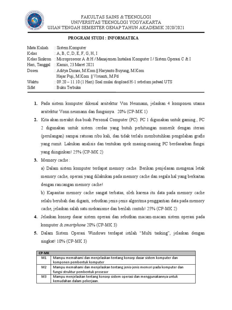 Soal UTS Sistem Komputer Dan Kelas Sinkron INF | PDF