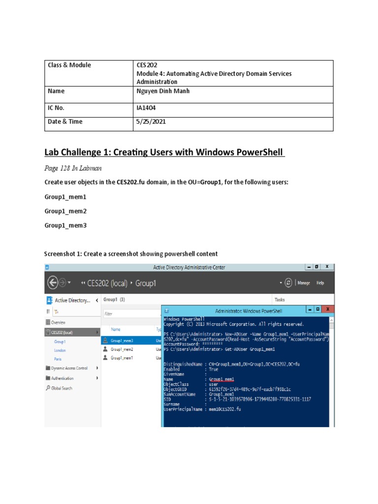 Lab Challenge 1 Creating Users With Windows Powershell Page 128 In Labman Pdf