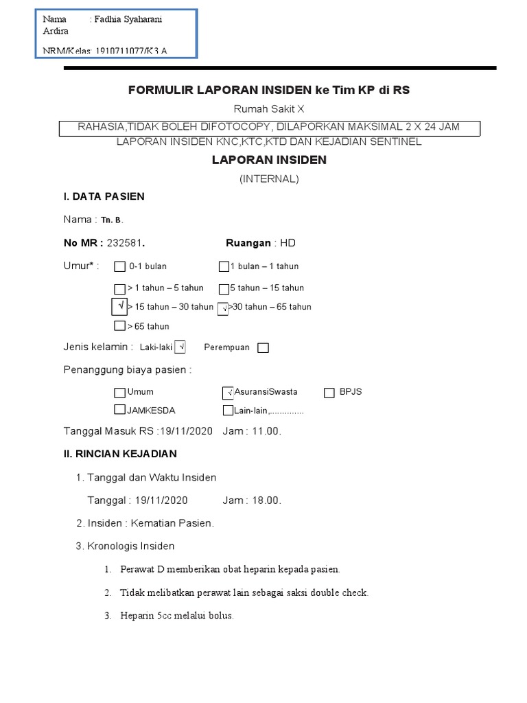 Formulir Laporan Insiden Keselamatan Pasien IKP Fadhia Syaharani A | PDF