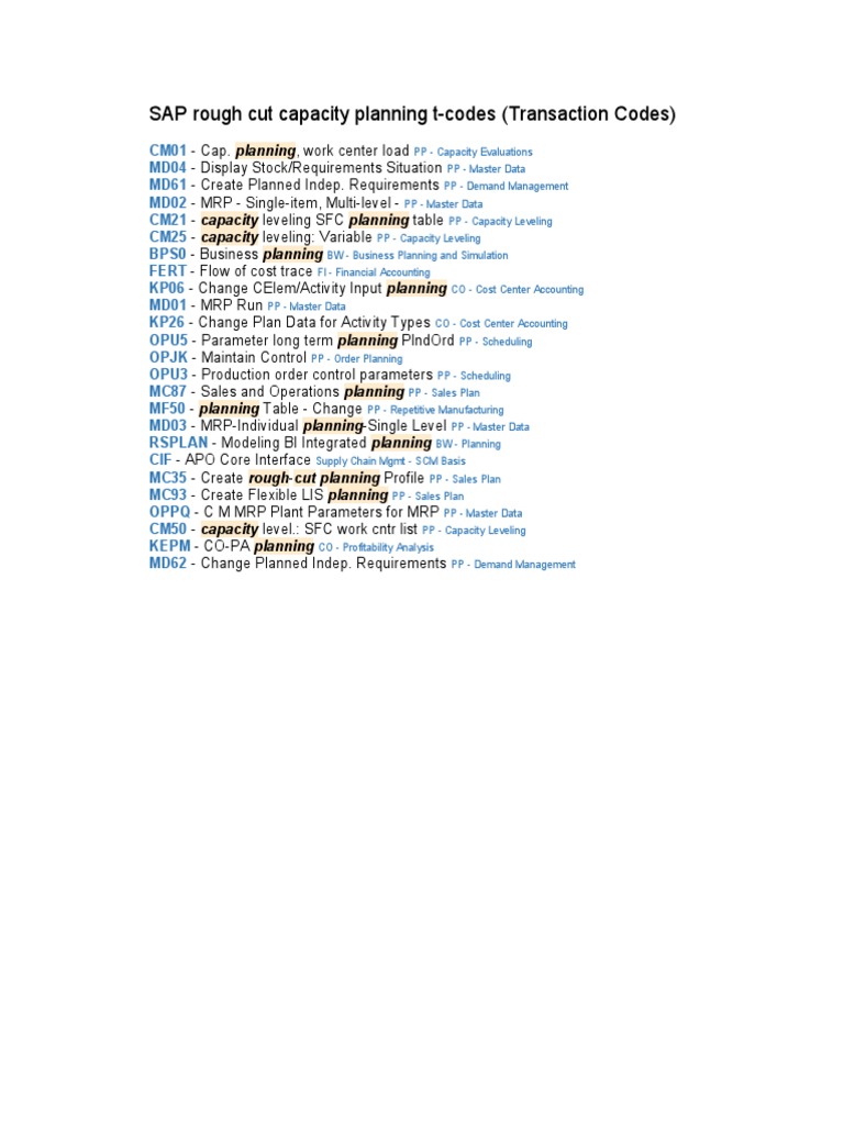 SAP Rough Cut Capacity Planning T-Codes | PDF