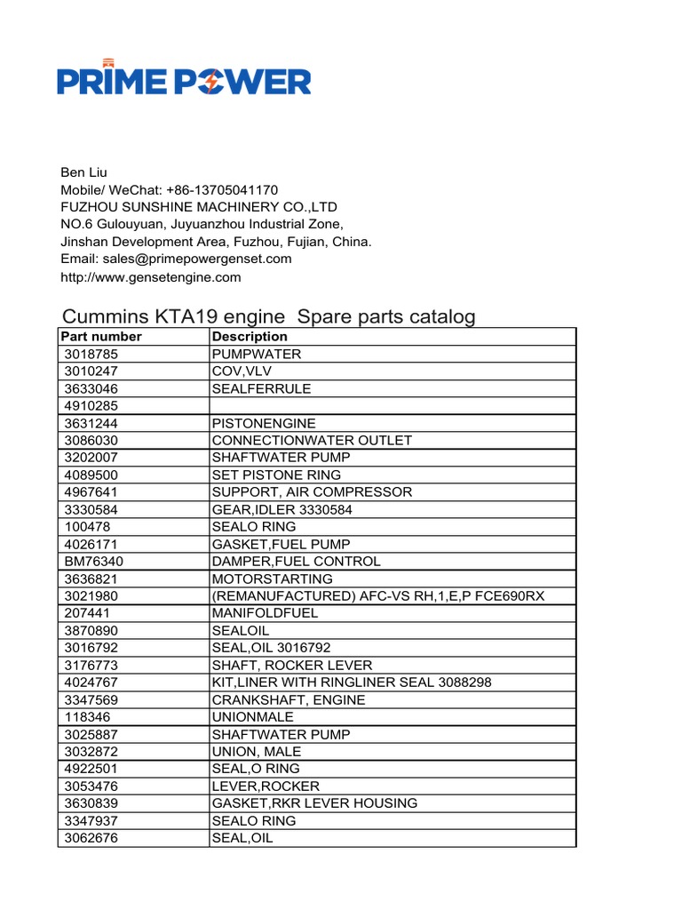 Cummins KTA19 Engine Spare Parts Catalog: Part Number Description | PDF ...