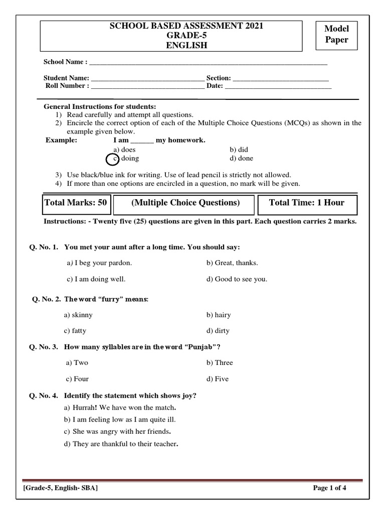 English Grade 5 Model Paper | PDF | Multiple Choice | Linguistic Typology