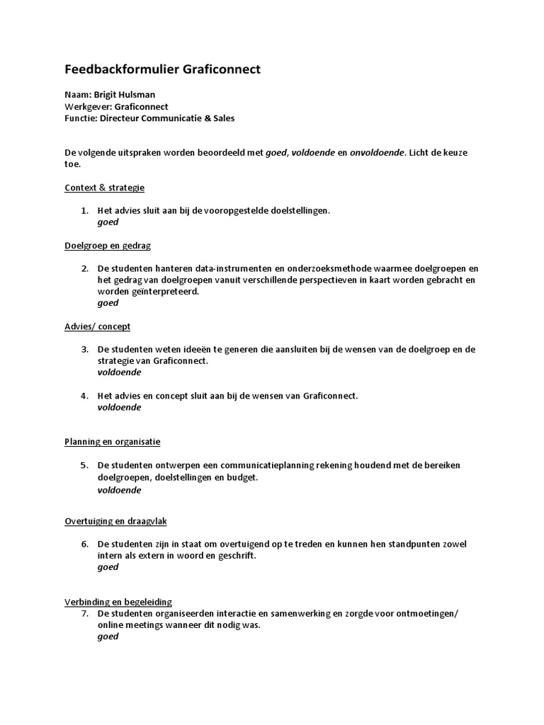 Feedback-Formulier Ingevuld | PDF