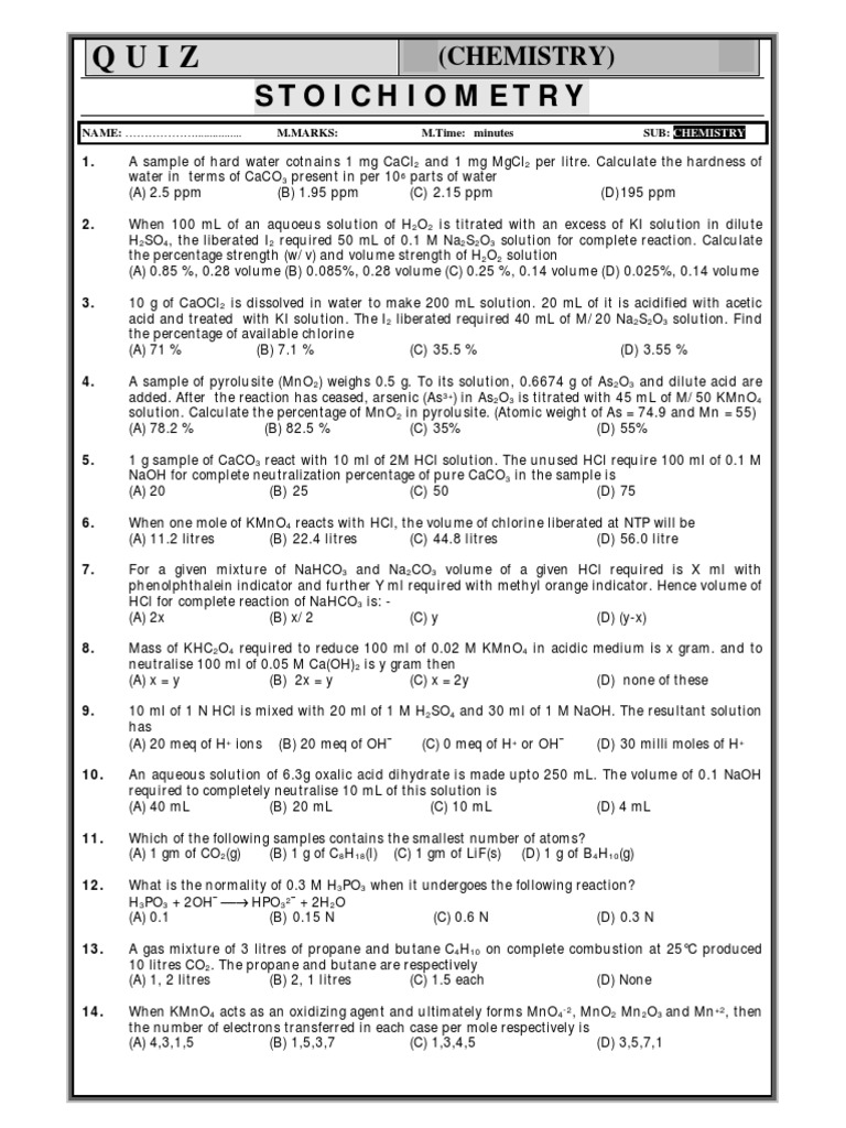 Stoichiometry Quiz: Calculating Chemical Quantities Through Balanced ...