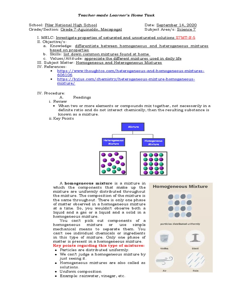 Mixture/: Teacher-Made Learner's Home Task | PDF | Mixture | Chemical ...
