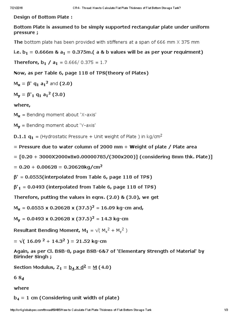 How To Calculate Flat Plate Thickness of Flat Bottom Storage Tank | PDF ...