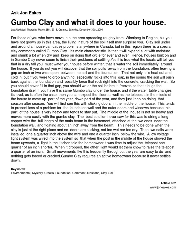 Gumbo Clay and What It Does To Your House.: Ask Jon Eakes | PDF | Soil ...