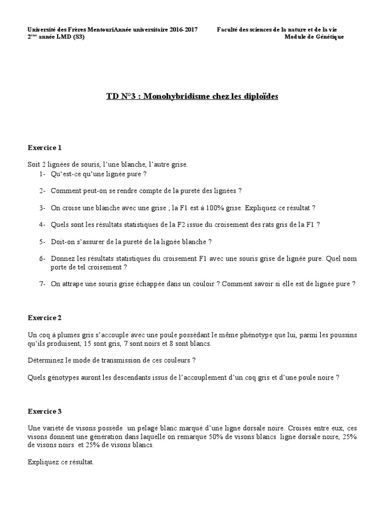 Exercices de Monohybridisme Corrigés | PDF | Génotype | Hybride (Biologie)