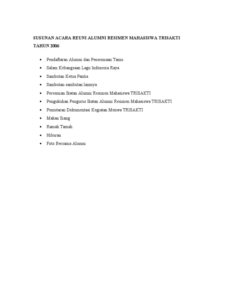 Susunan Acara Reuni Alumni Resimen Mahasiswa Trisakti Tahun 2006 | PDF