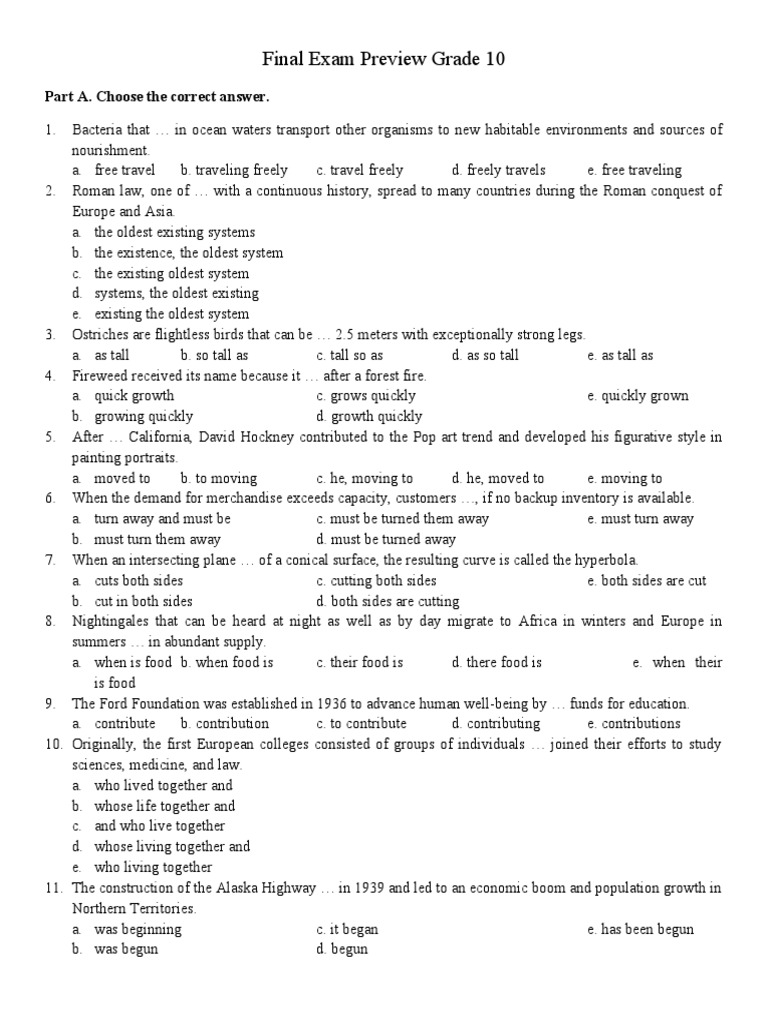 Final Exam Preview Grade 10: Part A. Choose The Correct Answer | PDF ...