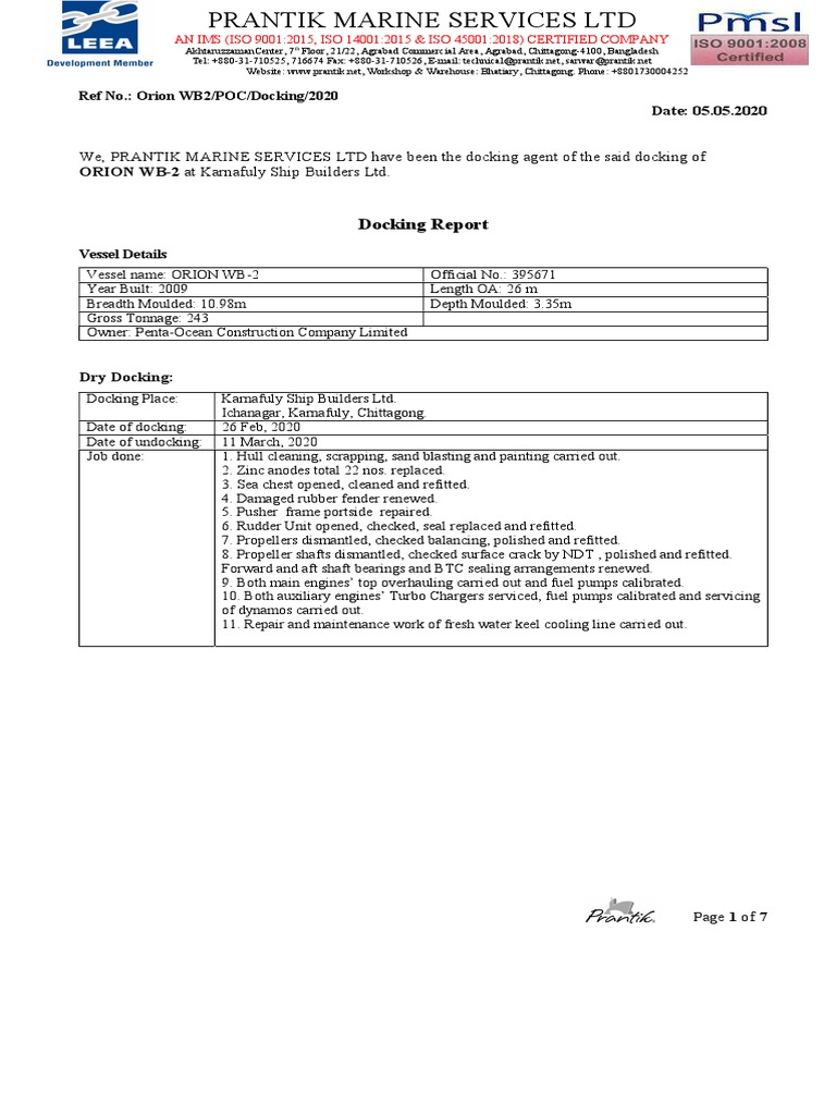 Docking Report of Orion wb2 | PDF | Ships | Shipping