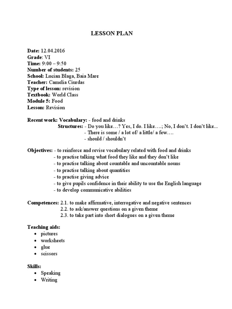Food & Drink Lesson Plan | PDF | Food And Drink Preparation | Eating ...